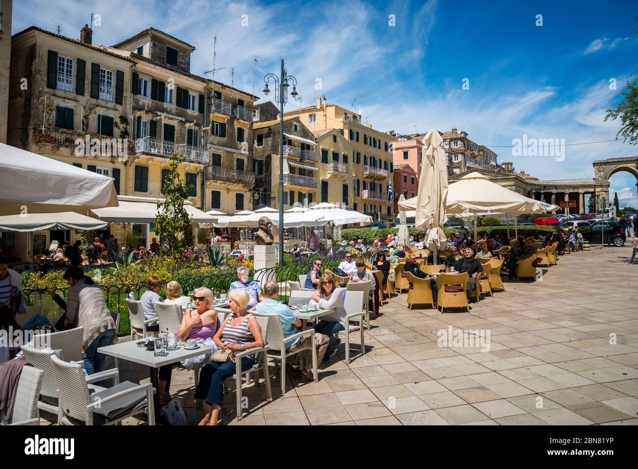 Holidaymakers enjoying dining al fresco outside a bar in Old Town ...