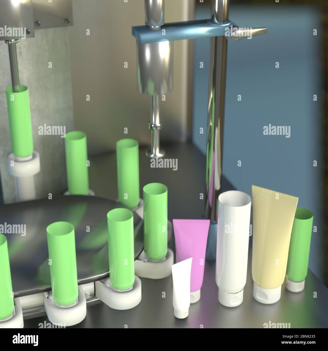 Process of Plastic tube filling machine in production line. 3D ...
