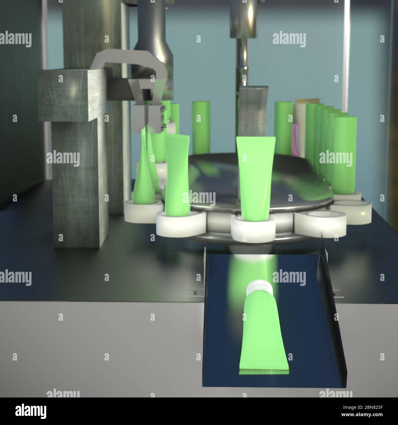 Process of Plastic tube filling machine in production line. 3D ...