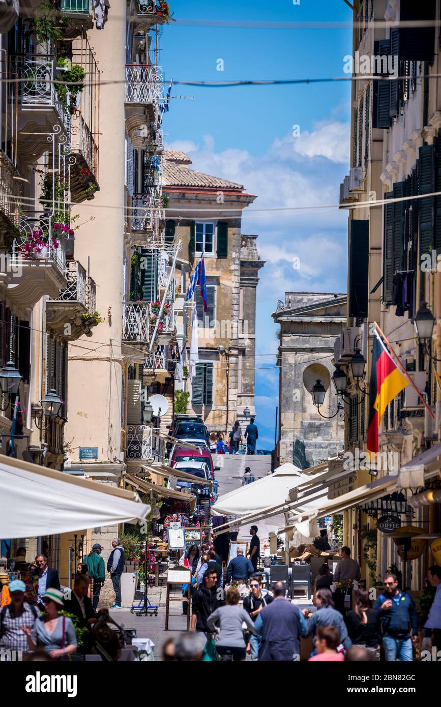Holidaymakers on a busy street in Corfu, Greece Stock Photo - Alamy