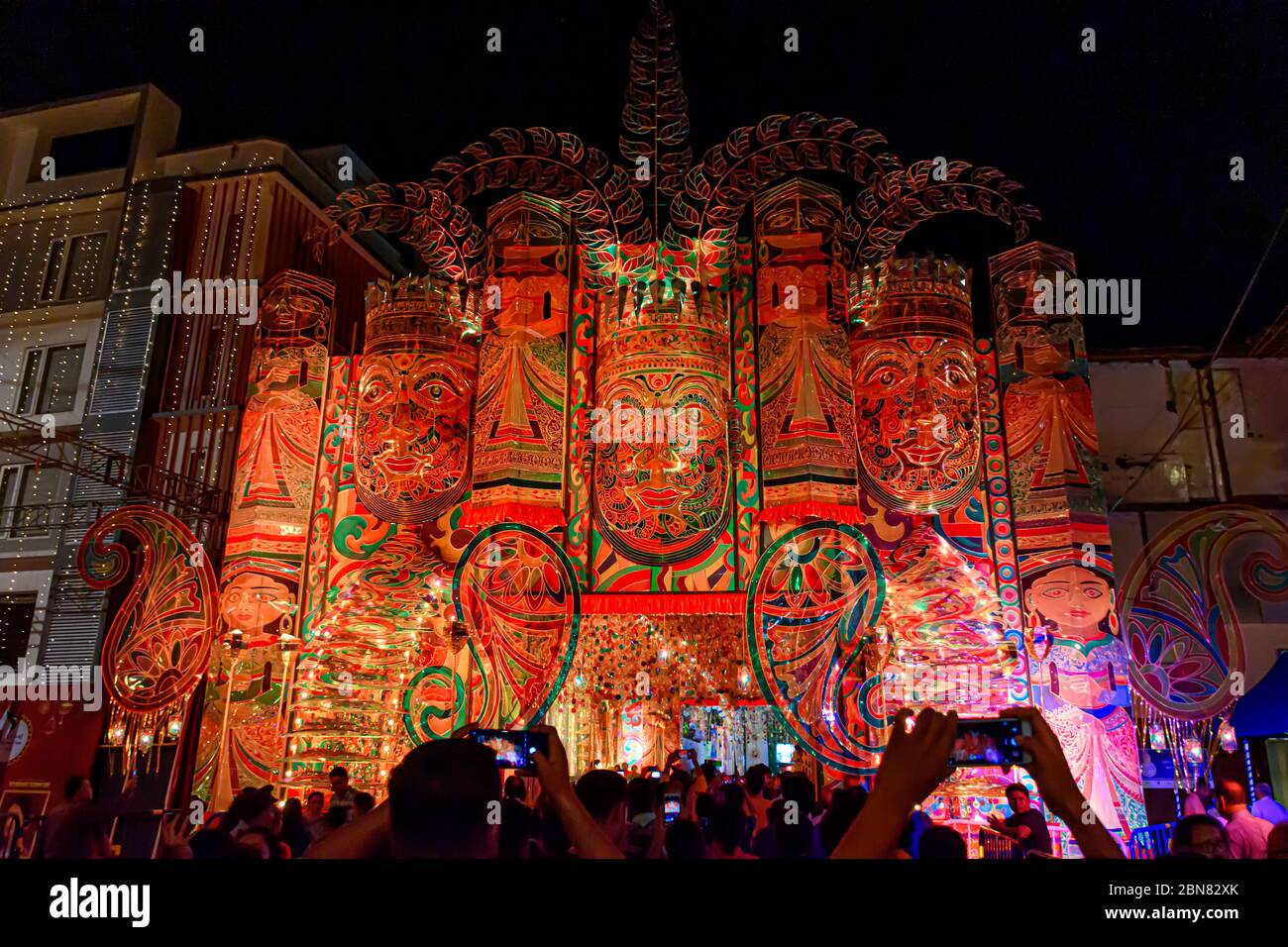 Night image of decorated Durga Puja pandal, Durga Puja is biggest ...