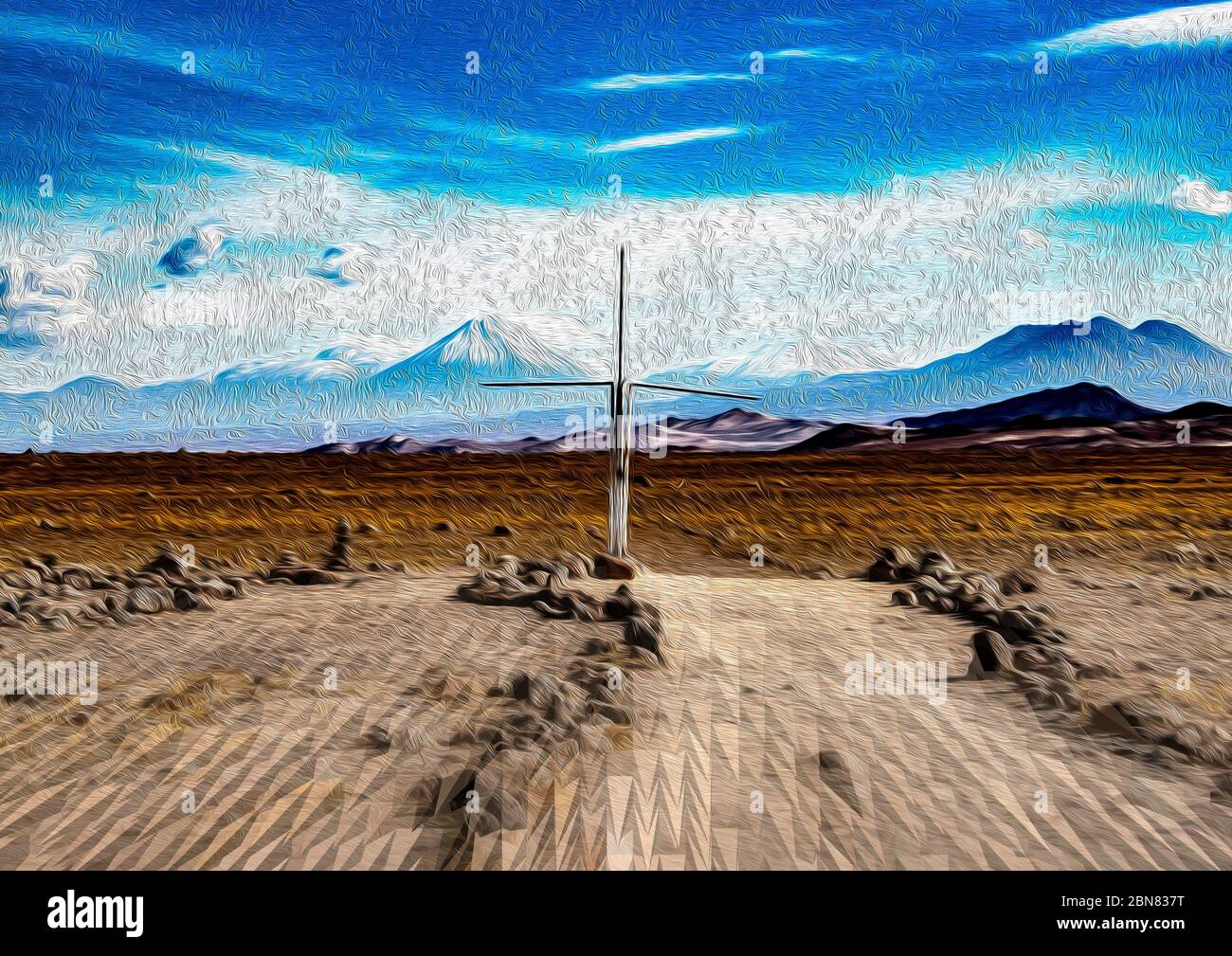 Digital art, illustration from photograph. Where the Inca Trail crosses ...