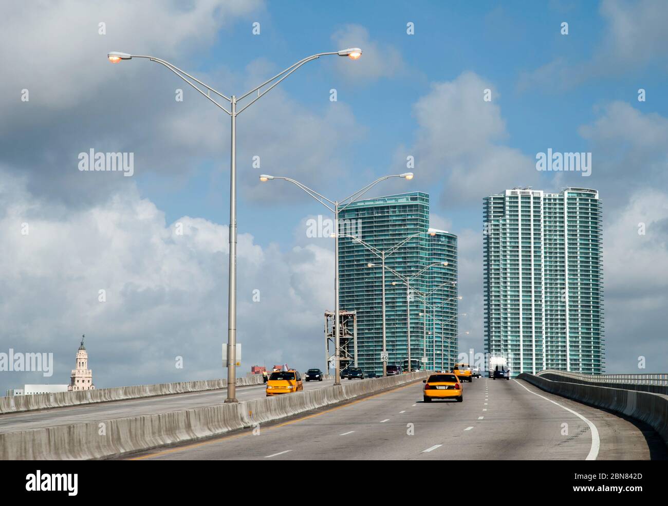 The traffic of MacArthur Bridge leading to Miami downtown (Florida ...