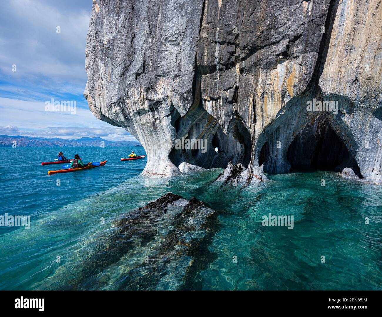 PUERTO RIO TRANQUILO, CHILE - CIRCA FEBRUARY 2019: Tourists kayaking ...