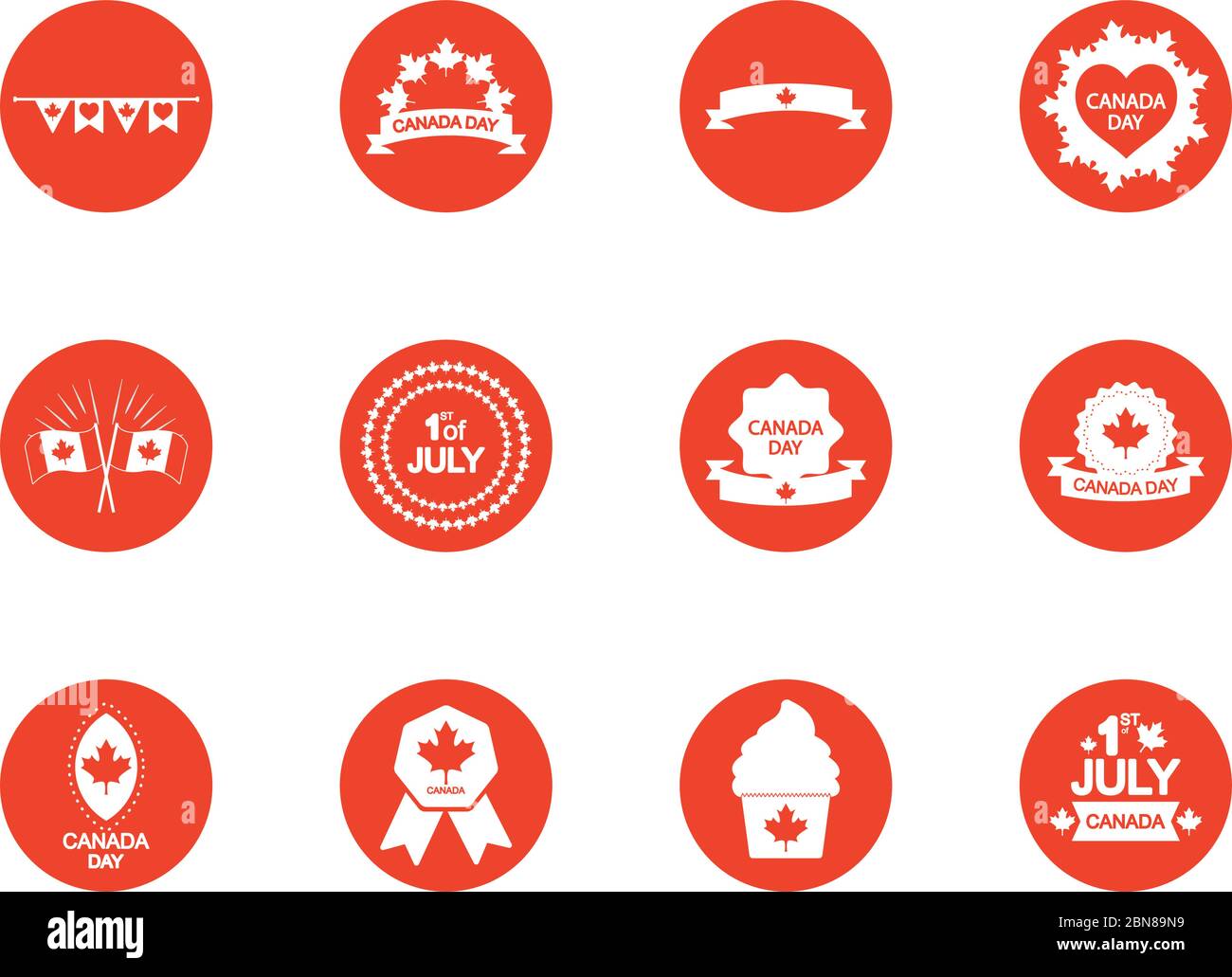 maple leaves and Canada day icon set over white background, block ...