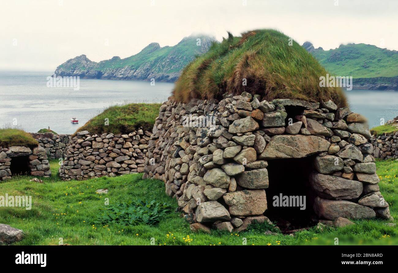 Ruins of last residents houses and storage huts on Island of Hirta, St ...