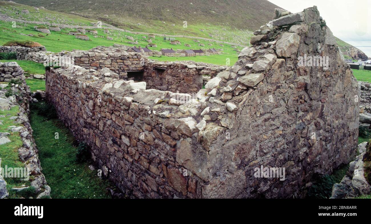 Ruins of last residents houses and storage huts on Island of Hirta, St ...