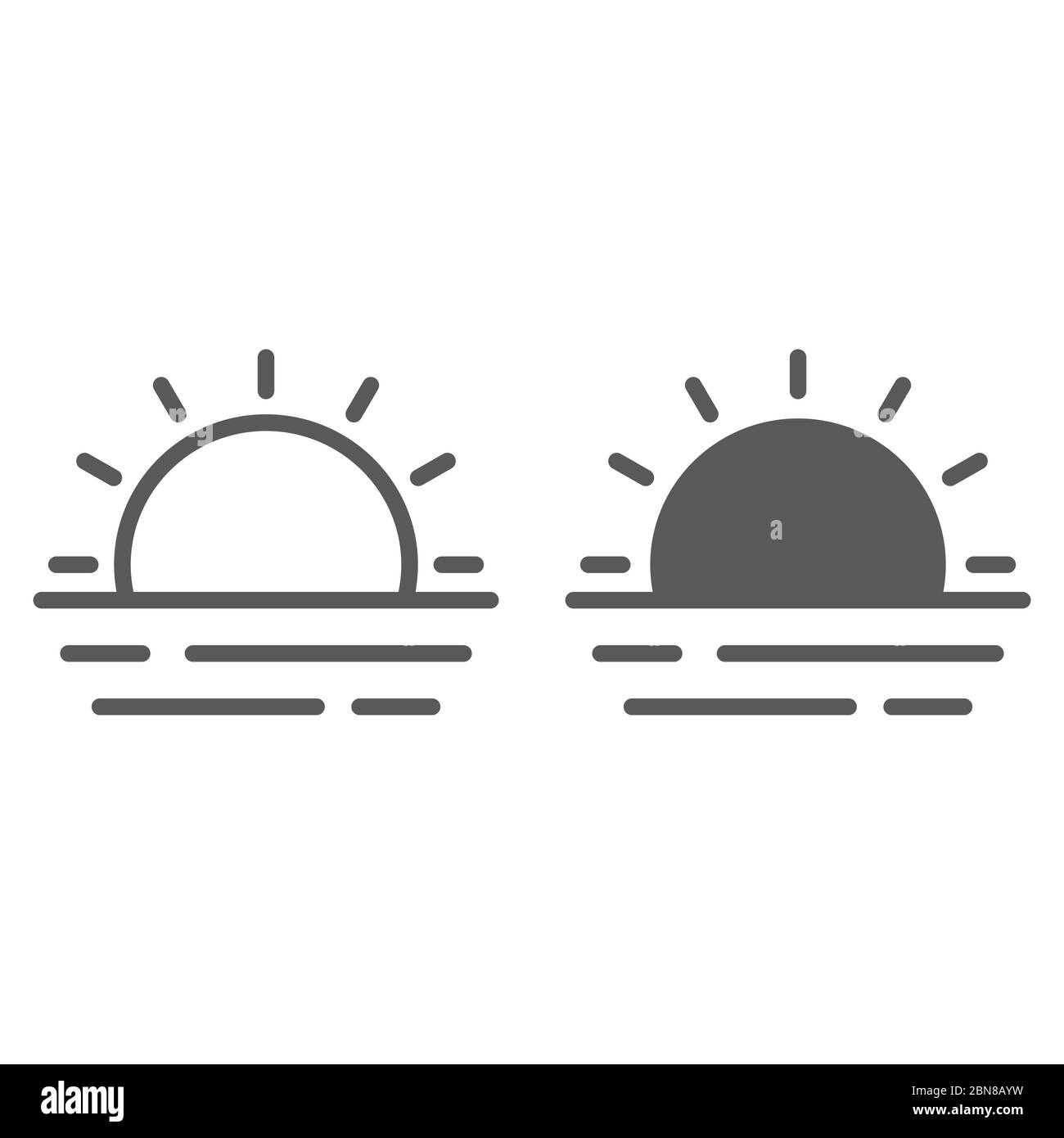 Sunset and sea waves line and glyph icon, summer and ocean, sunset sign ...