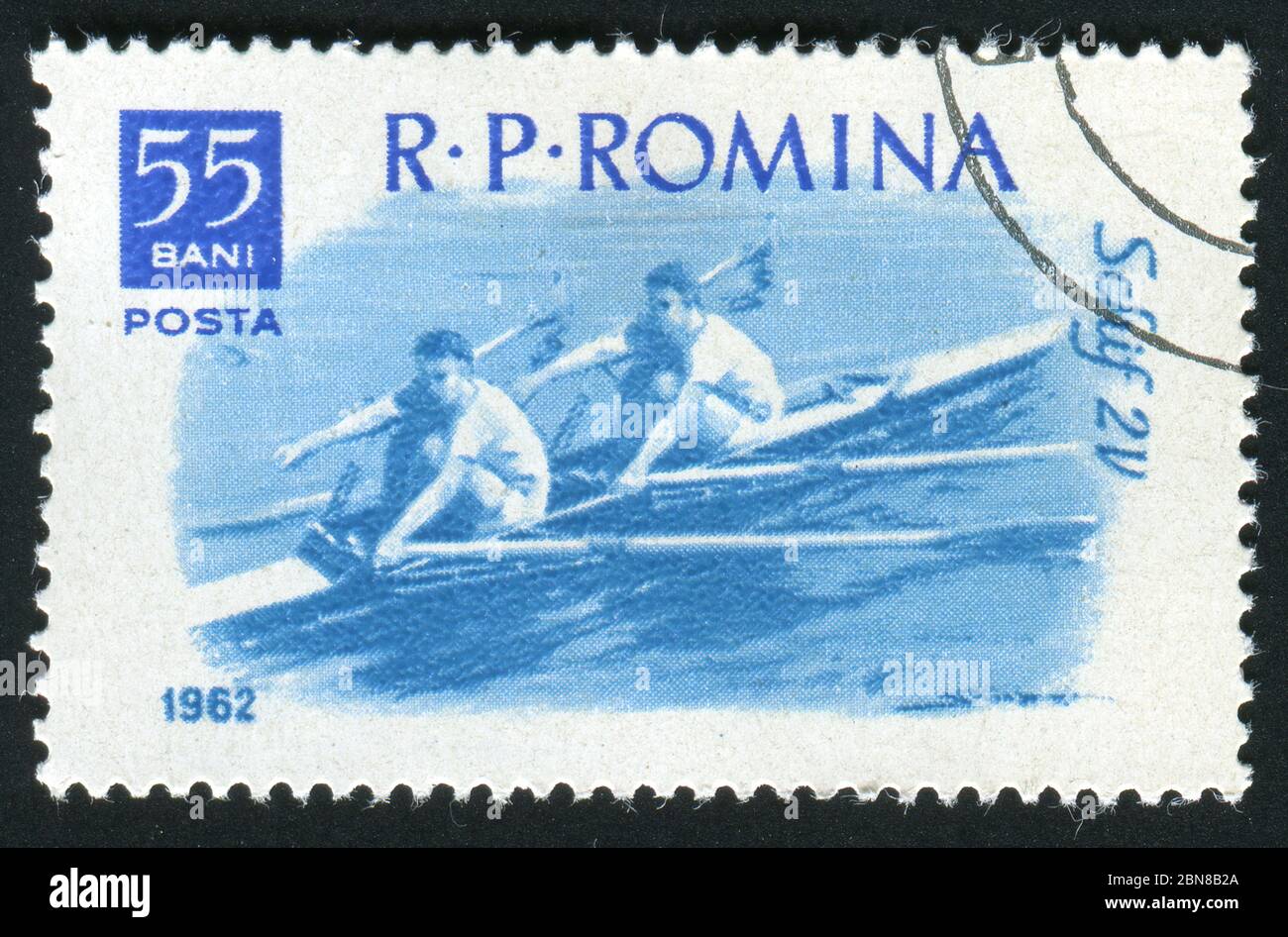ROMANIA -CIRCA 1962: Sports racing on rowing 2-man skiff, circa 1962 ...