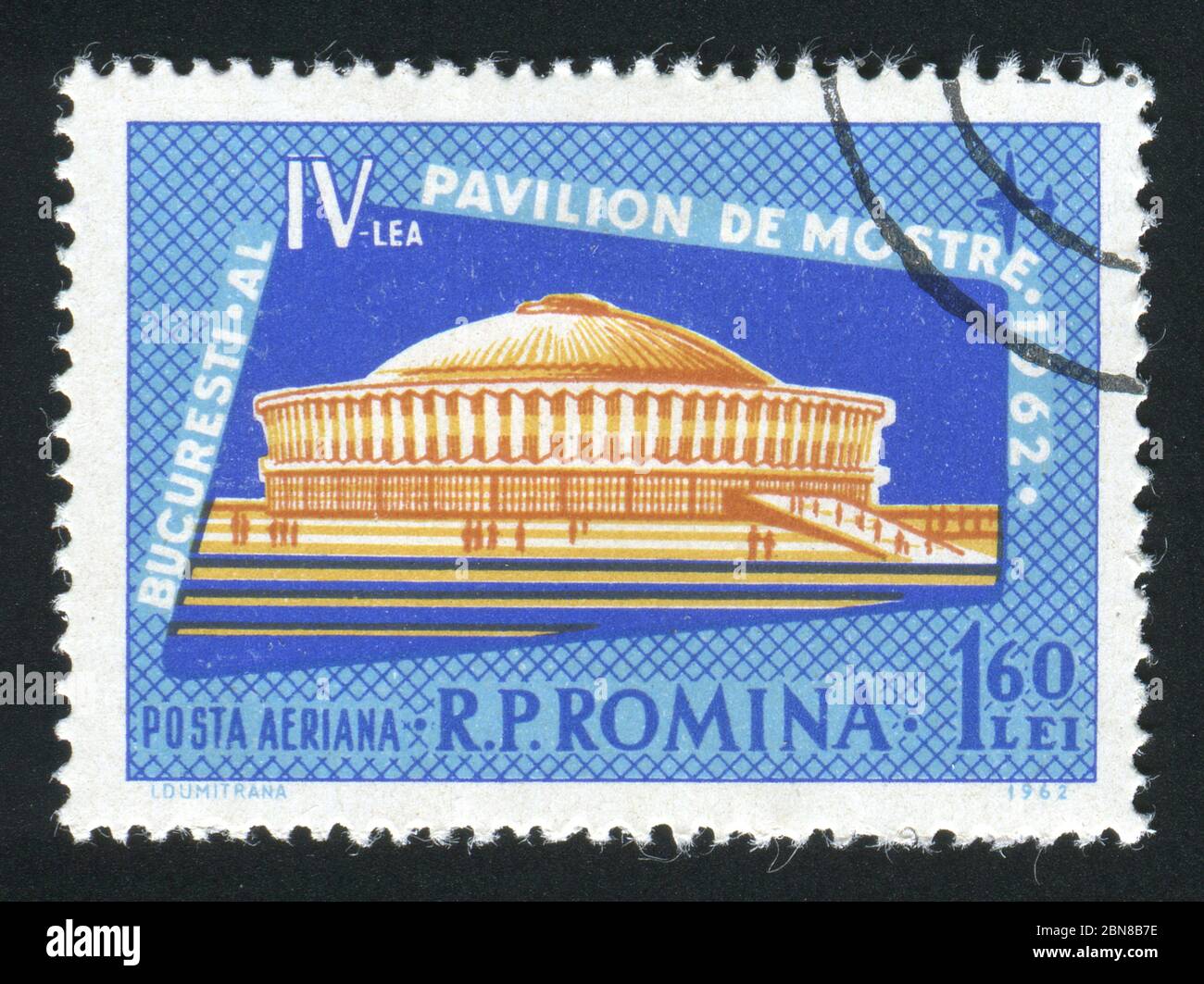 ROMANIA - CIRCA 1962: The city of Bucharest. Exhibition Hall symbol ...