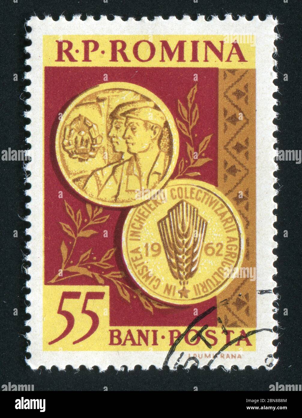 ROMANIA - CIRCA 1962: Symbols of communistic Romania, workers and ...