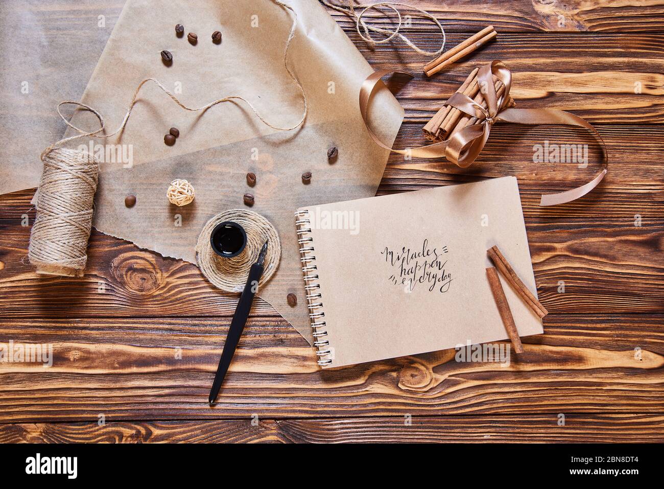 text on craft notebook, write with ink pen on wooden desk Stock Photo ...
