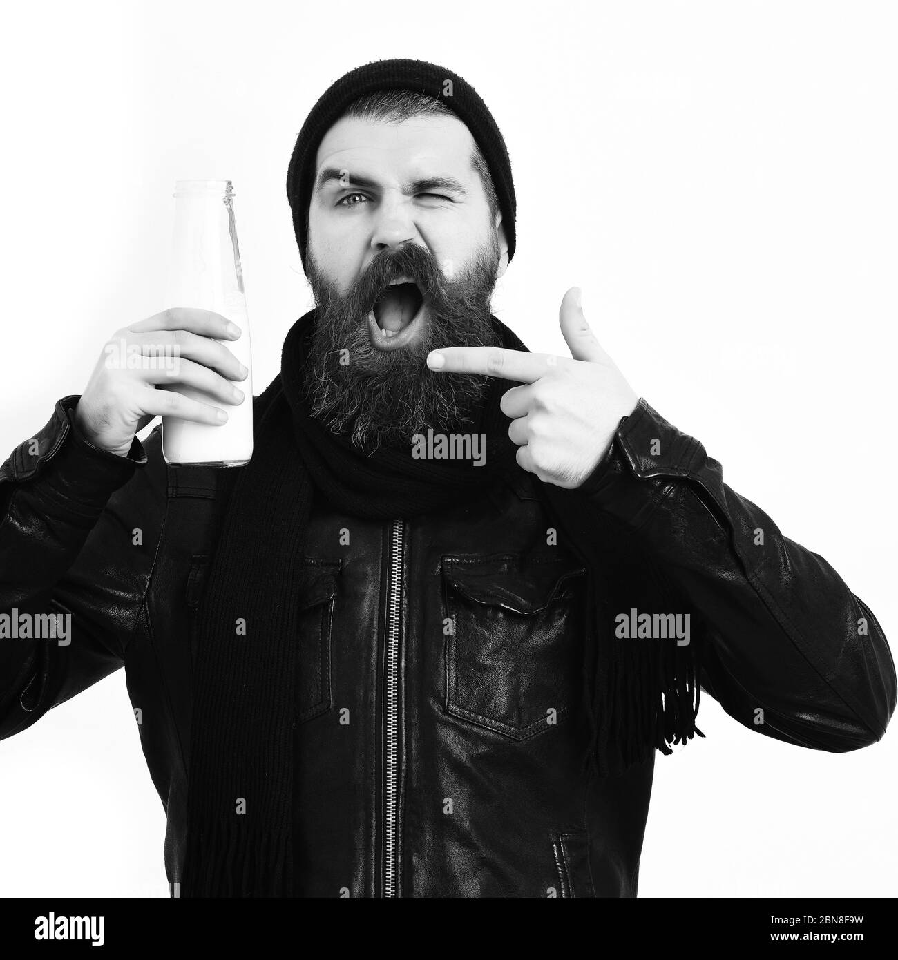 Bearded man, long beard. Brutal caucasian satisfied unshaven hipster ...