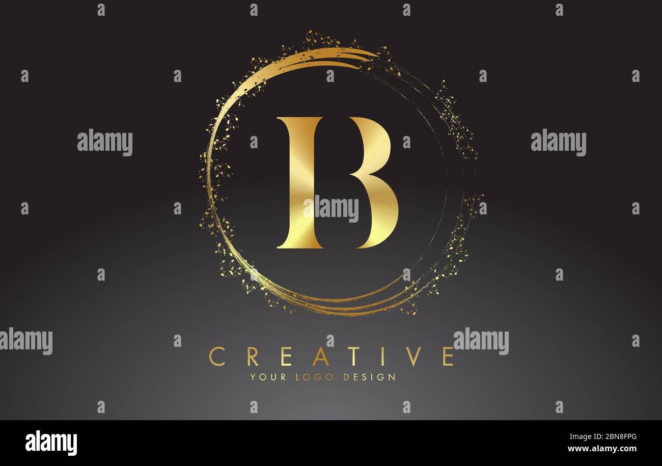 B golden letter logo with golden sparkling rings and dust glitter on a ...