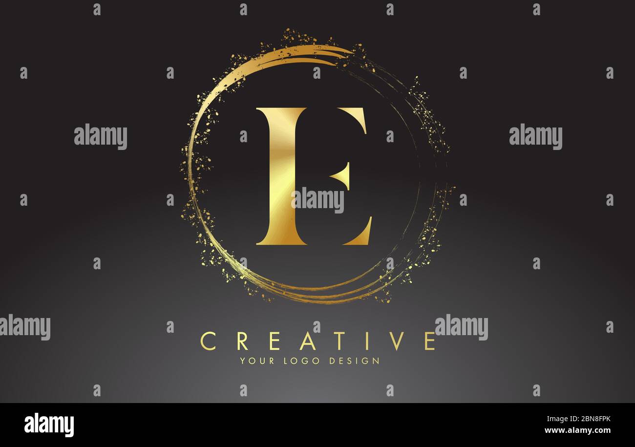 E golden letter logo with golden sparkling rings and dust glitter on a ...