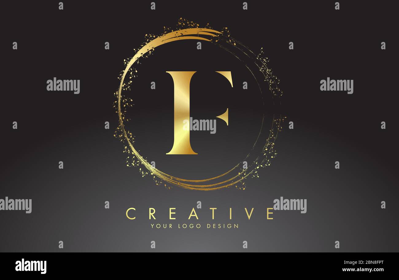 F golden letter logo with golden sparkling rings and dust glitter on a ...