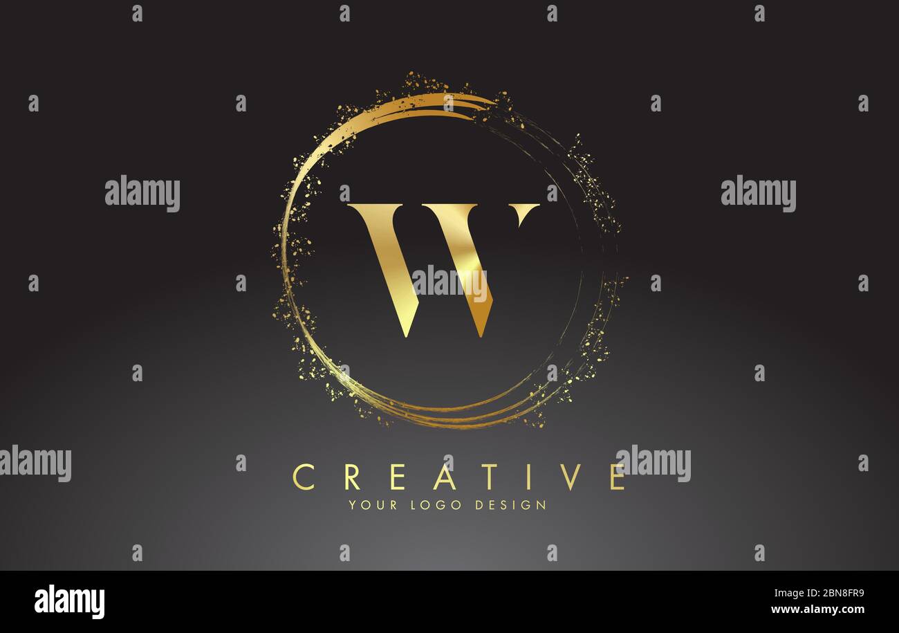 W golden letter logo with golden sparkling rings and dust glitter on a ...