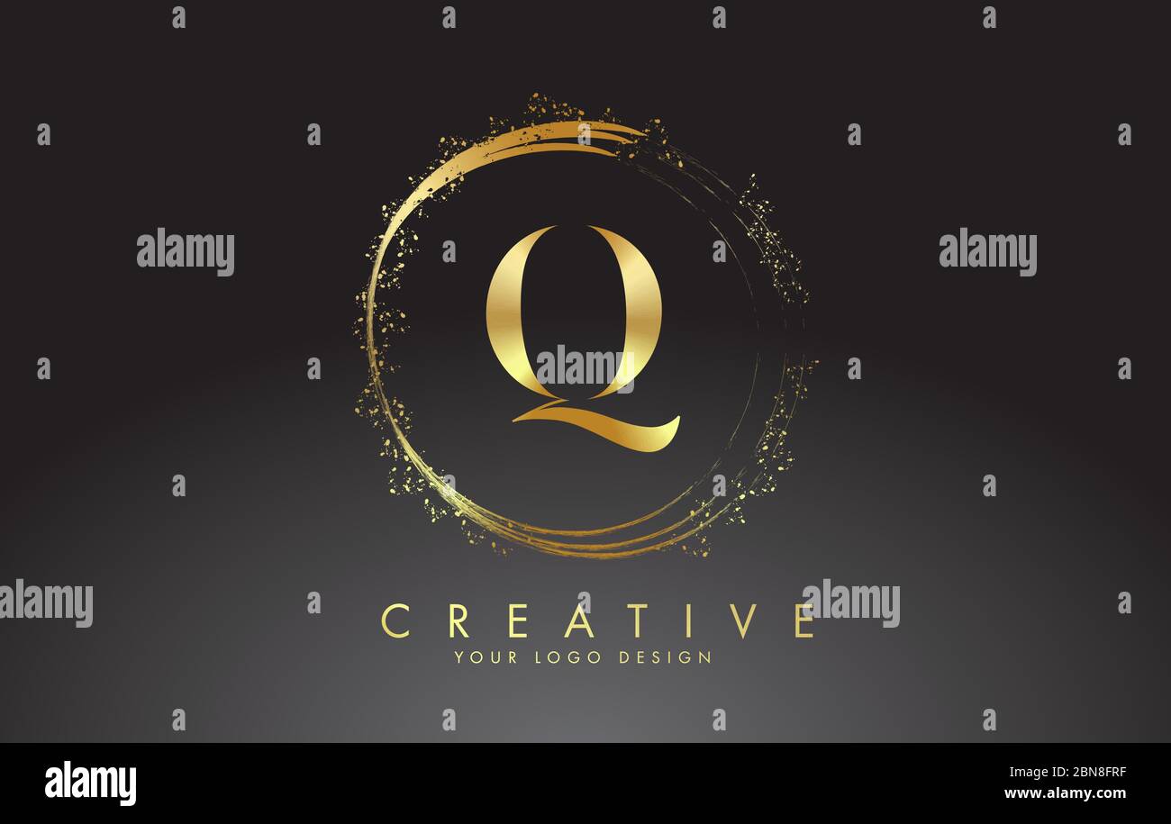 Q golden letter logo with golden sparkling rings and dust glitter on a ...