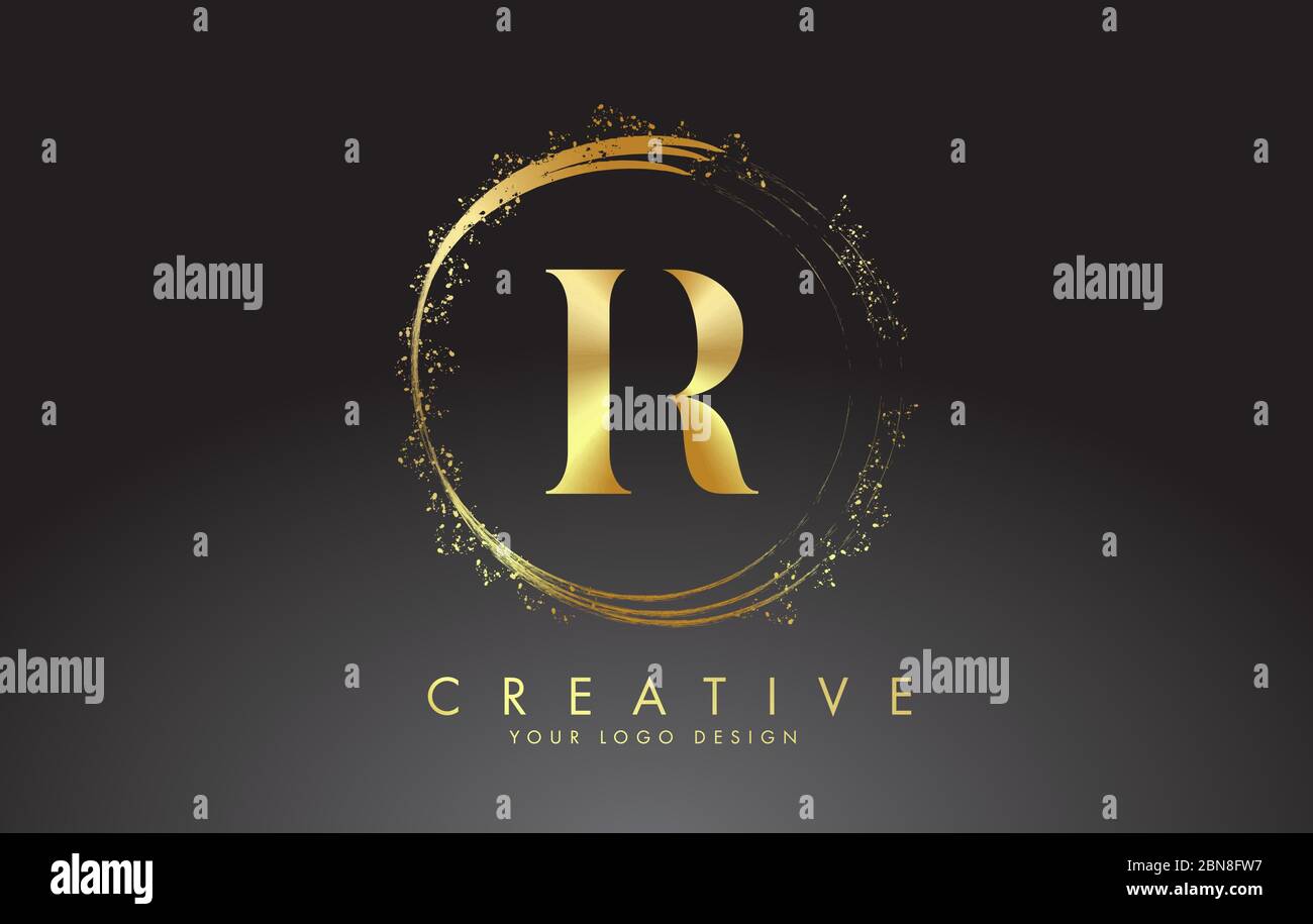 R golden letter logo with golden sparkling rings and dust glitter on a ...