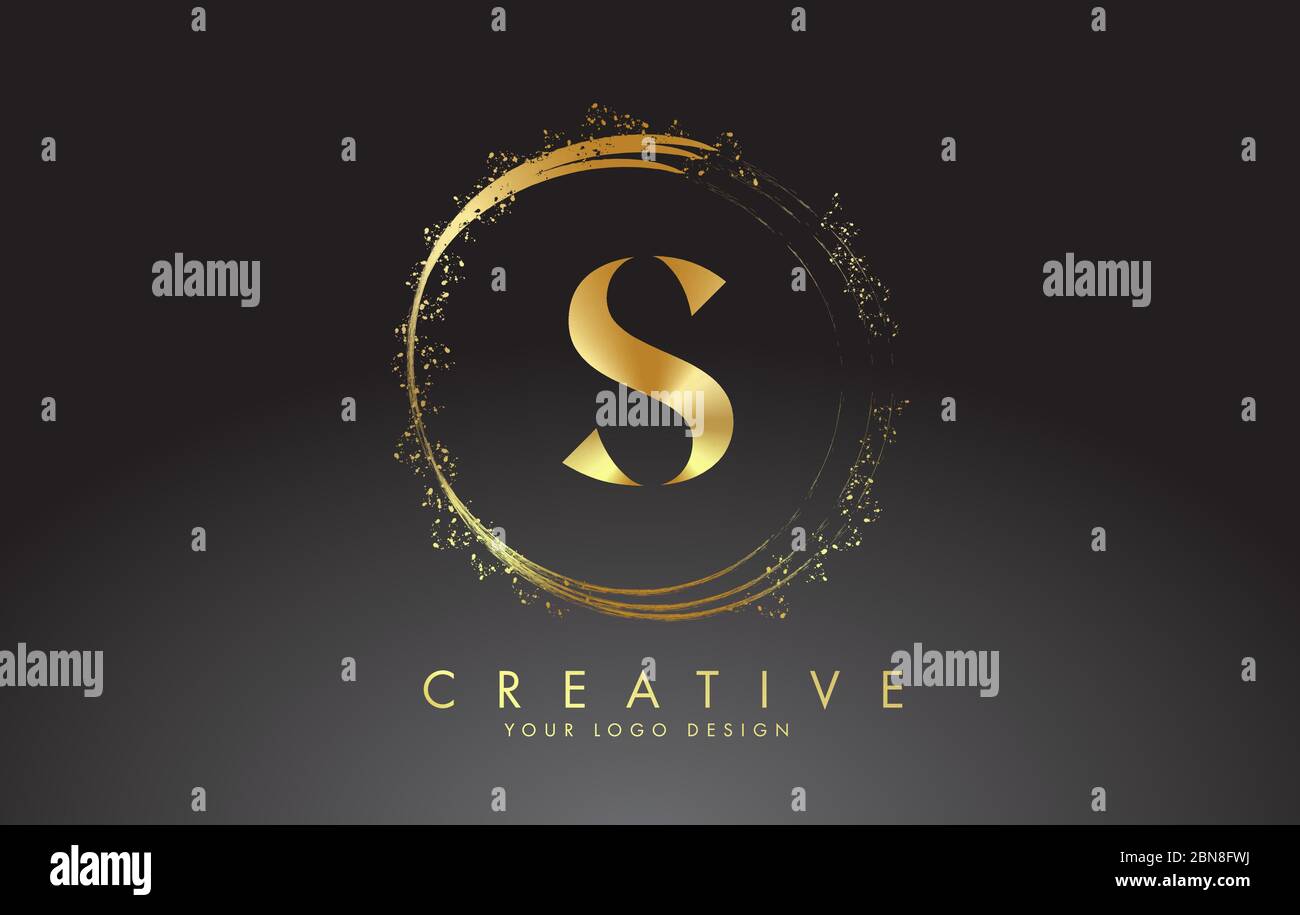 S golden letter logo with golden sparkling rings and dust glitter on a ...