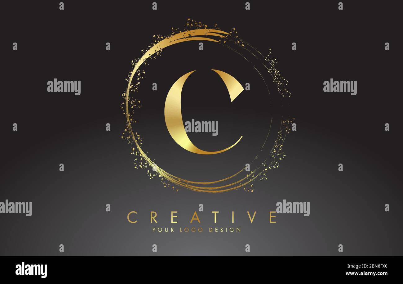 C golden letter logo with golden sparkling rings and dust glitter on a ...