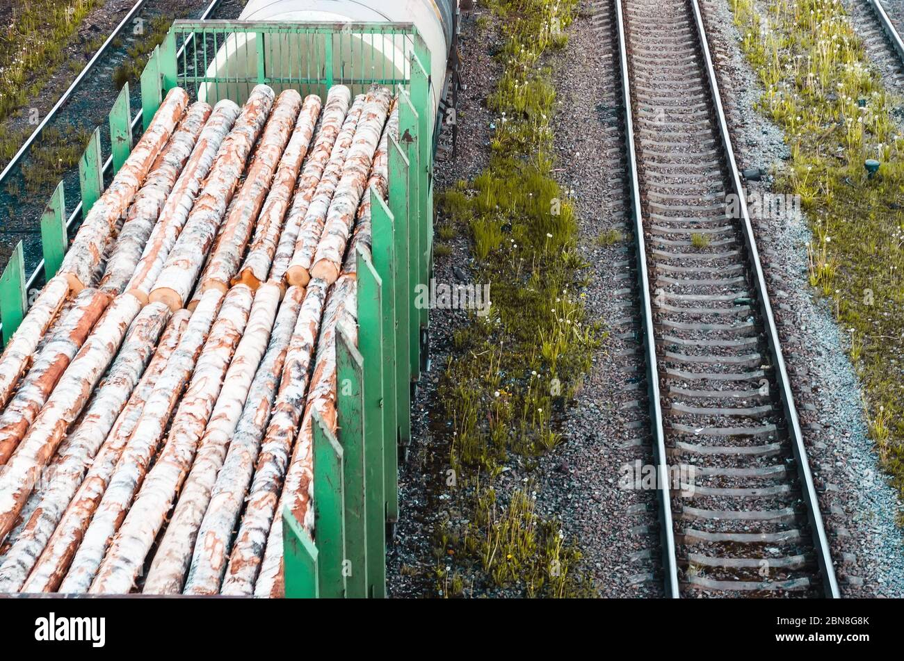 Railway wagon and timber forest a trunks Stock Photo - Alamy