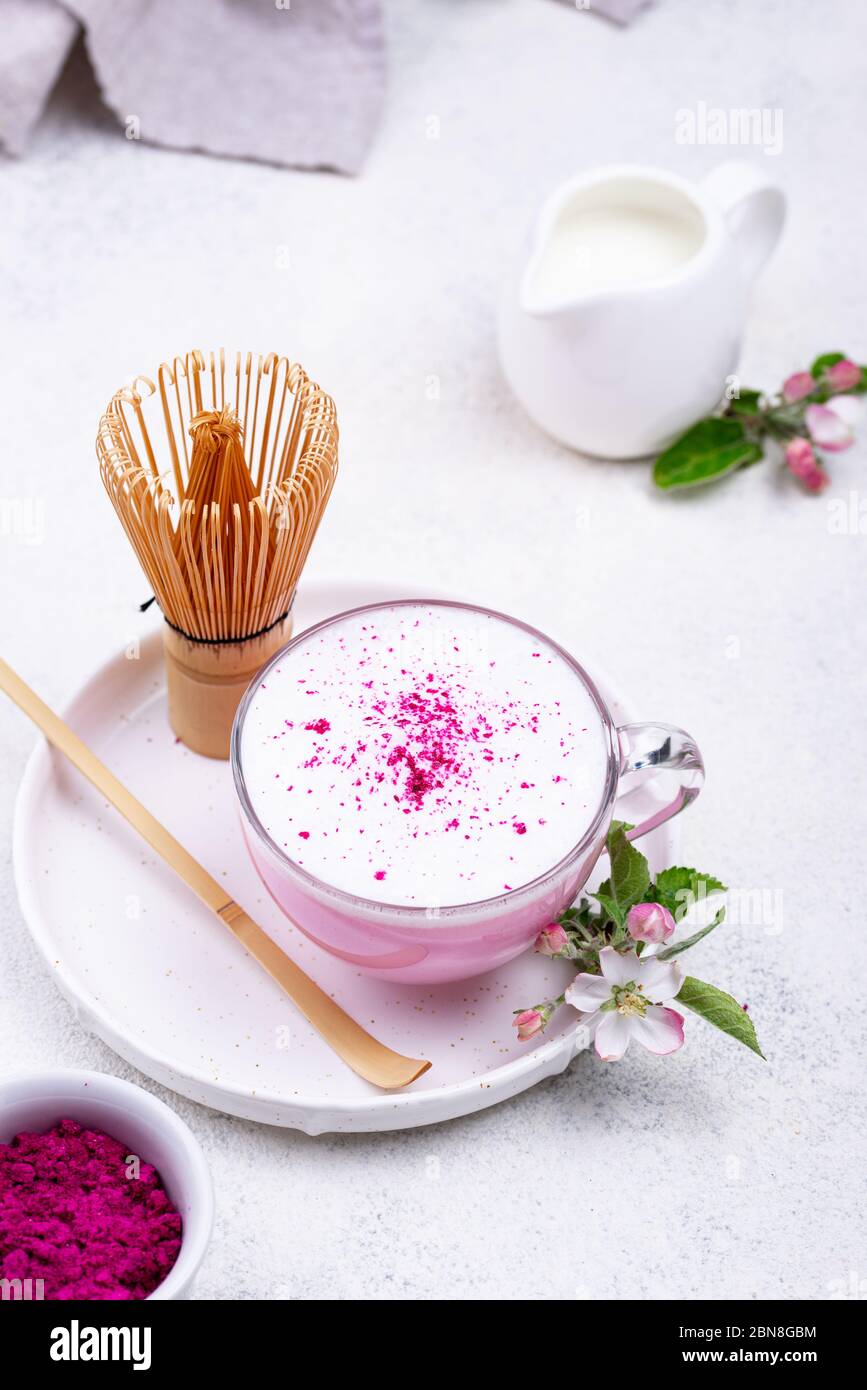 Pink matcha latte with milk Stock Photo - Alamy