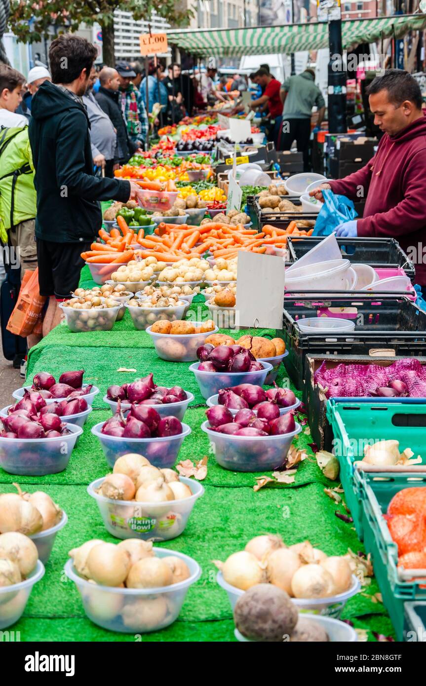 Fresh produce at Brick Lane Sunday market in East London England UK ...