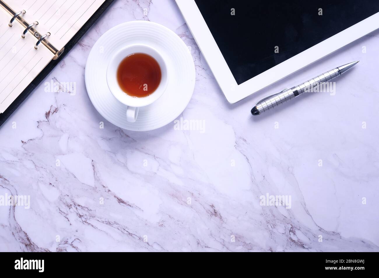 Top view of digital table with empty screen on white background Stock ...