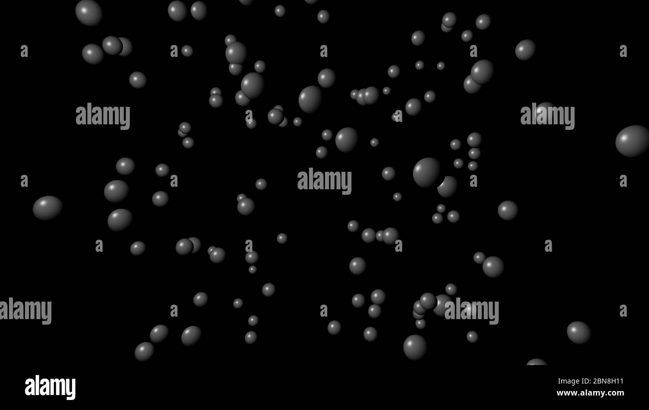 Random grey particles or spheres on black background. 3D illustration ...