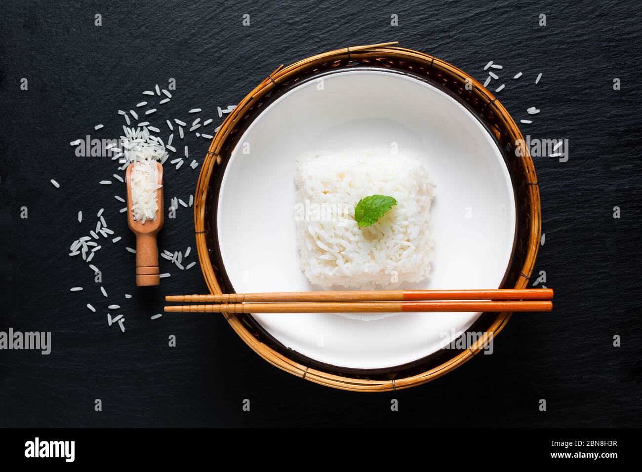 Asian Food concept cooked Thail jasmine rice long grain rice in ceramic ...