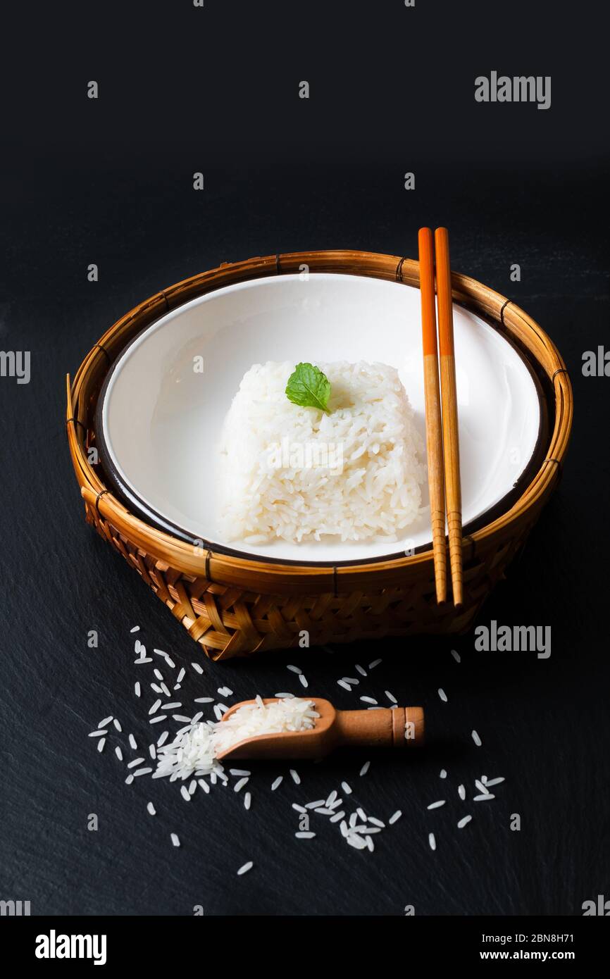 Asian Food concept cooked Thail jasmine rice long grain rice in ceramic ...