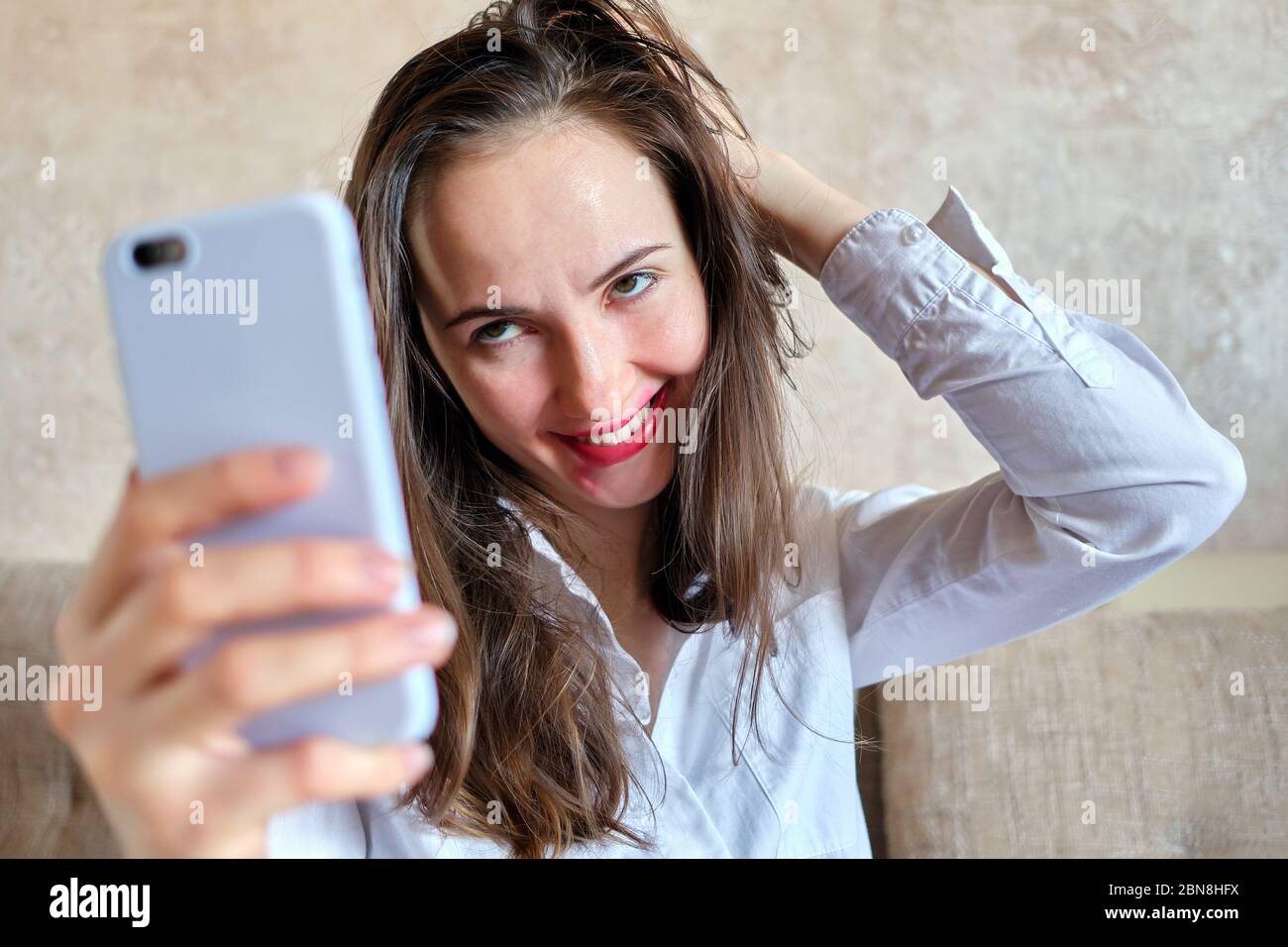 Drunk Girl With Smeared Lipstick Makes Selfie Photo Close Up Stock