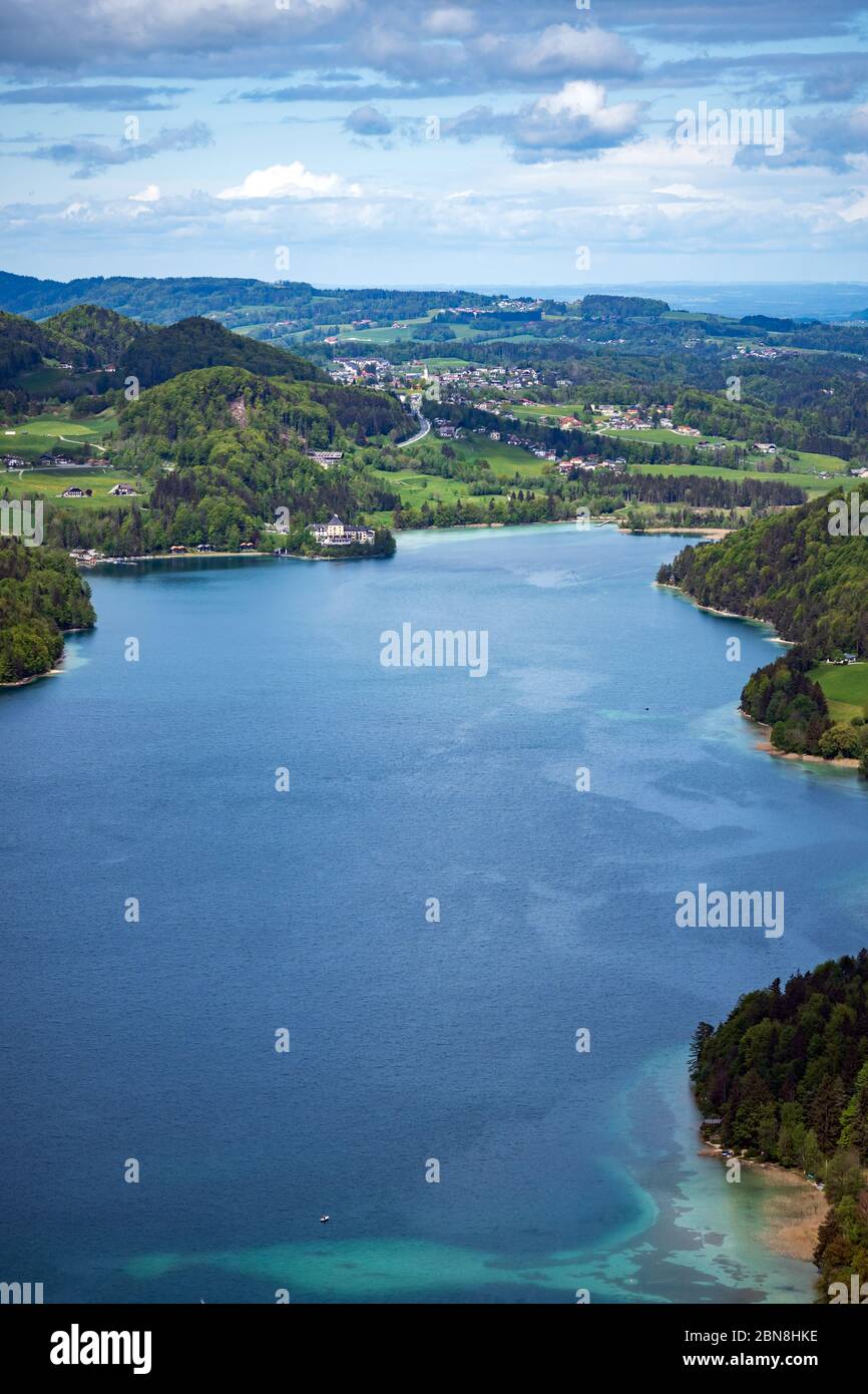 Fuschl, Austria. 01st, May 2020. Aerial view of the lake Fuschlsee, a ...