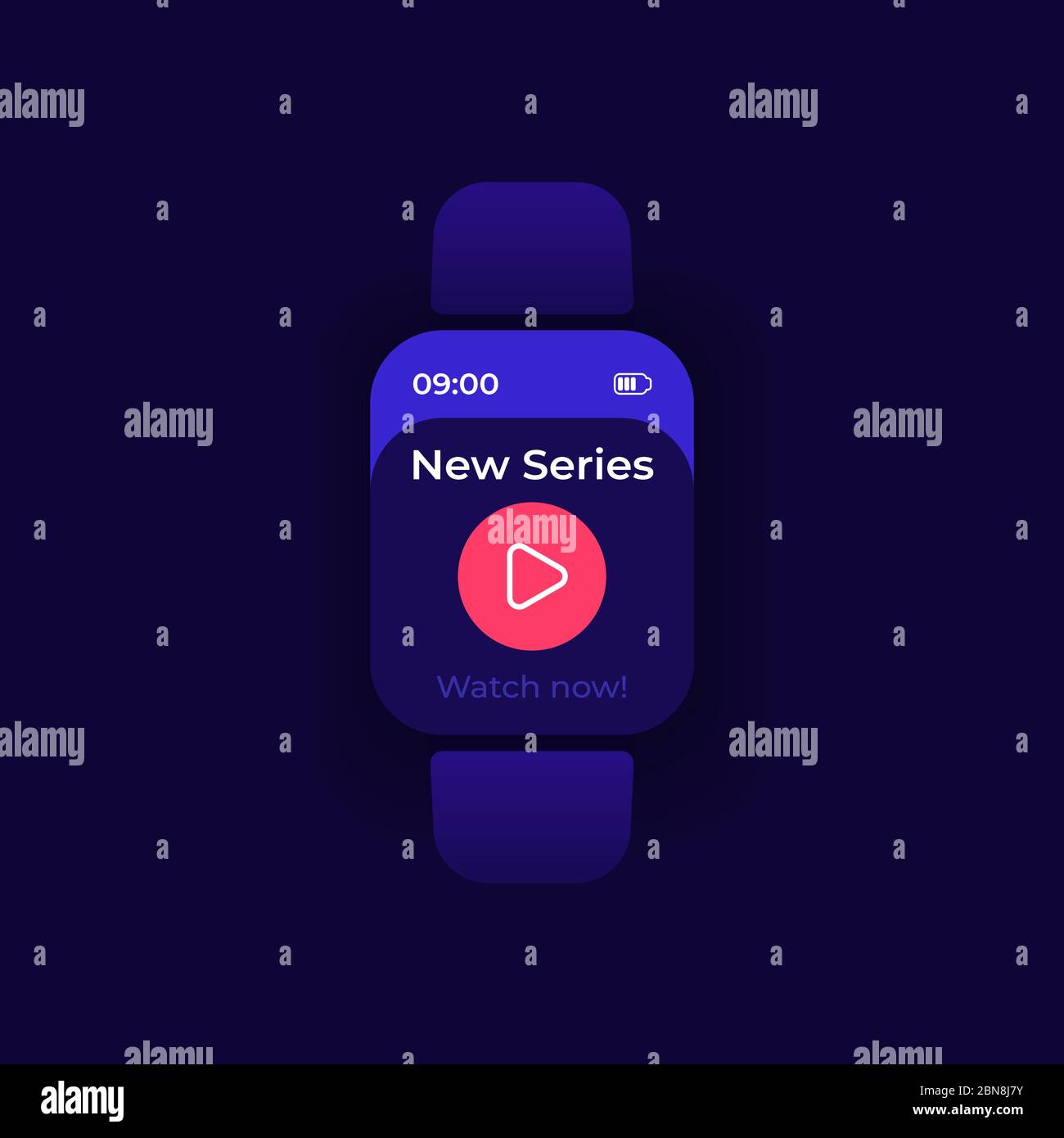 Video broadcasting smartwatch interface vector template. Mobile app notification night mode ...
