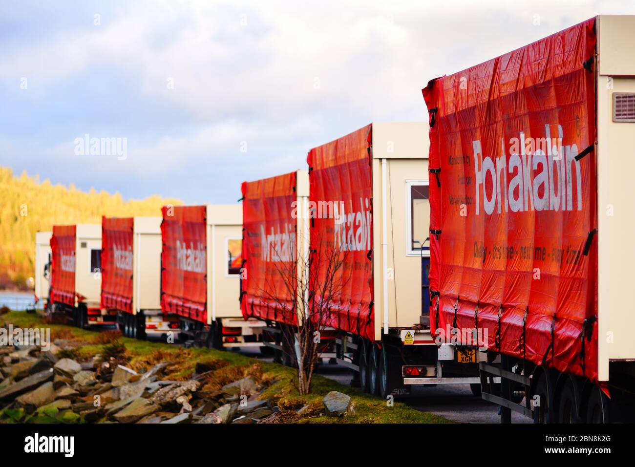 Row of Portakabin trailers, temporary temp office work site, repetition ...