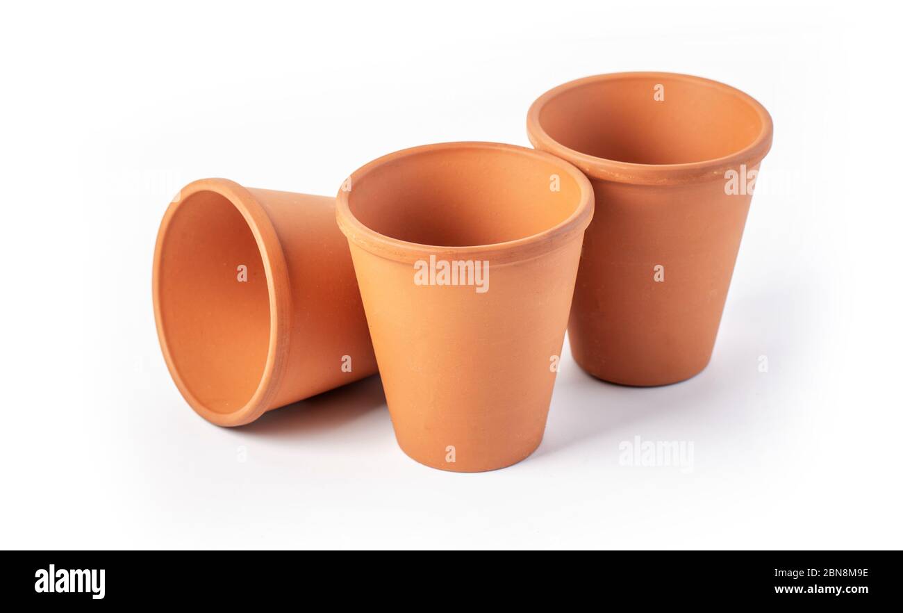 Empty ceramic brown flower pot isolated on white background, close up ...