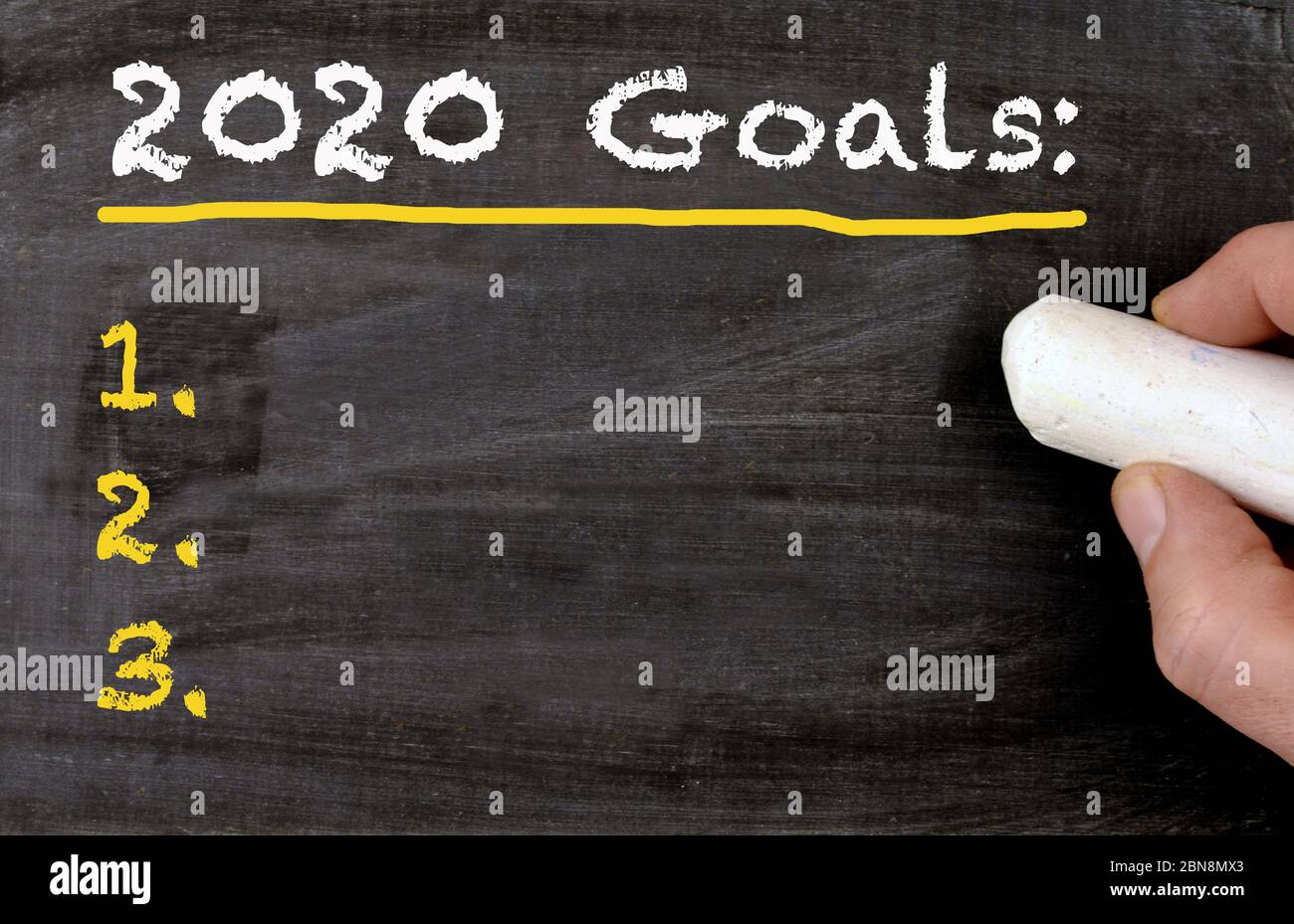 Chalkboard 2020 goals with one two three numbers and a hand writing ...