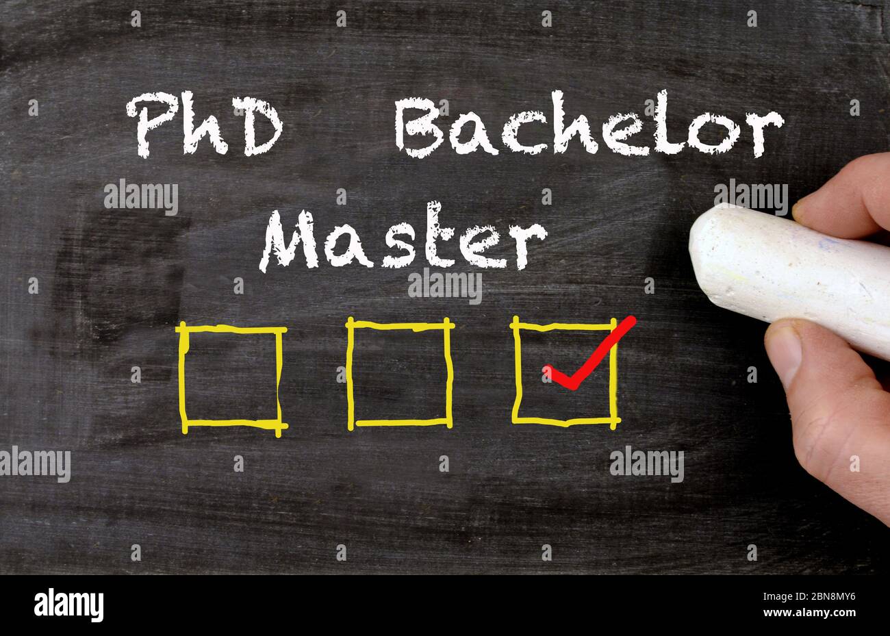 academic decisions Bachelor Master PhD blackboard with checkboxes Stock ...