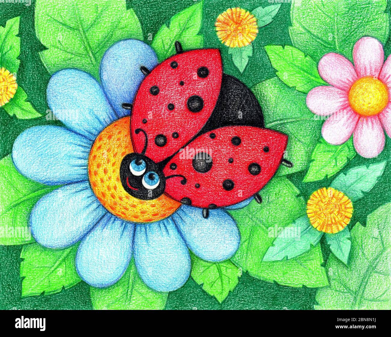 hand drawn illustration of ladybird seating on flower Stock Photo - Alamy