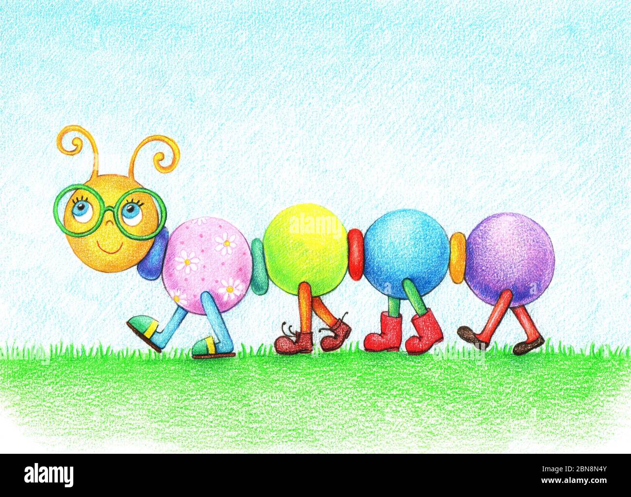hand drawn illustration of cheerful caterpillar walking on the grass ...