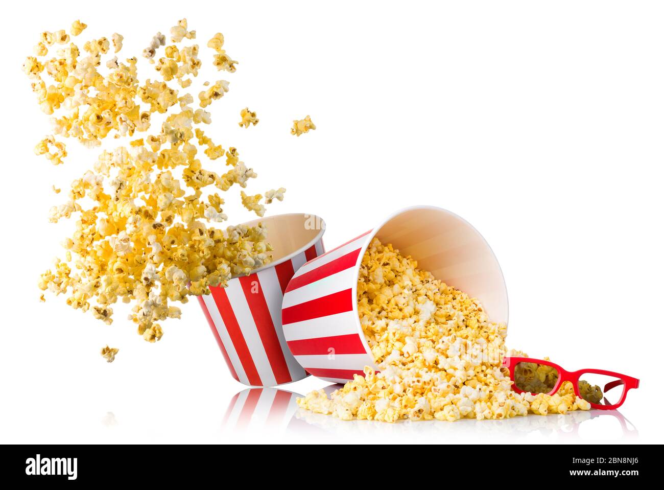 Set of flying popcorn from paper bucket and scattered popcorn isolated ...