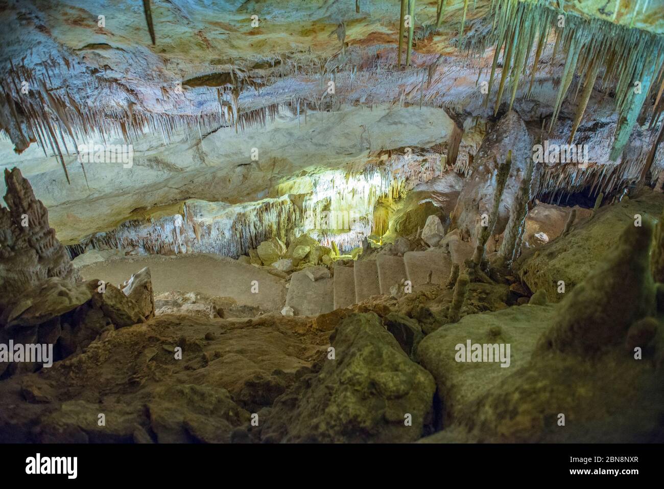 Stalactite illuminated caves in Spain on the island of Mallorca. Multi ...