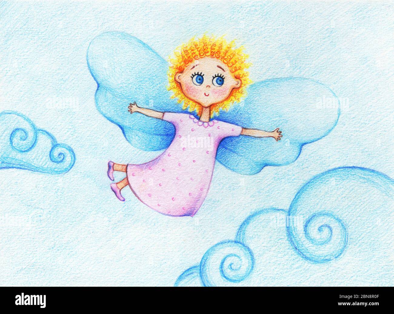 hand drawn picture of little beautiful angel, flying in blue sky Stock ...