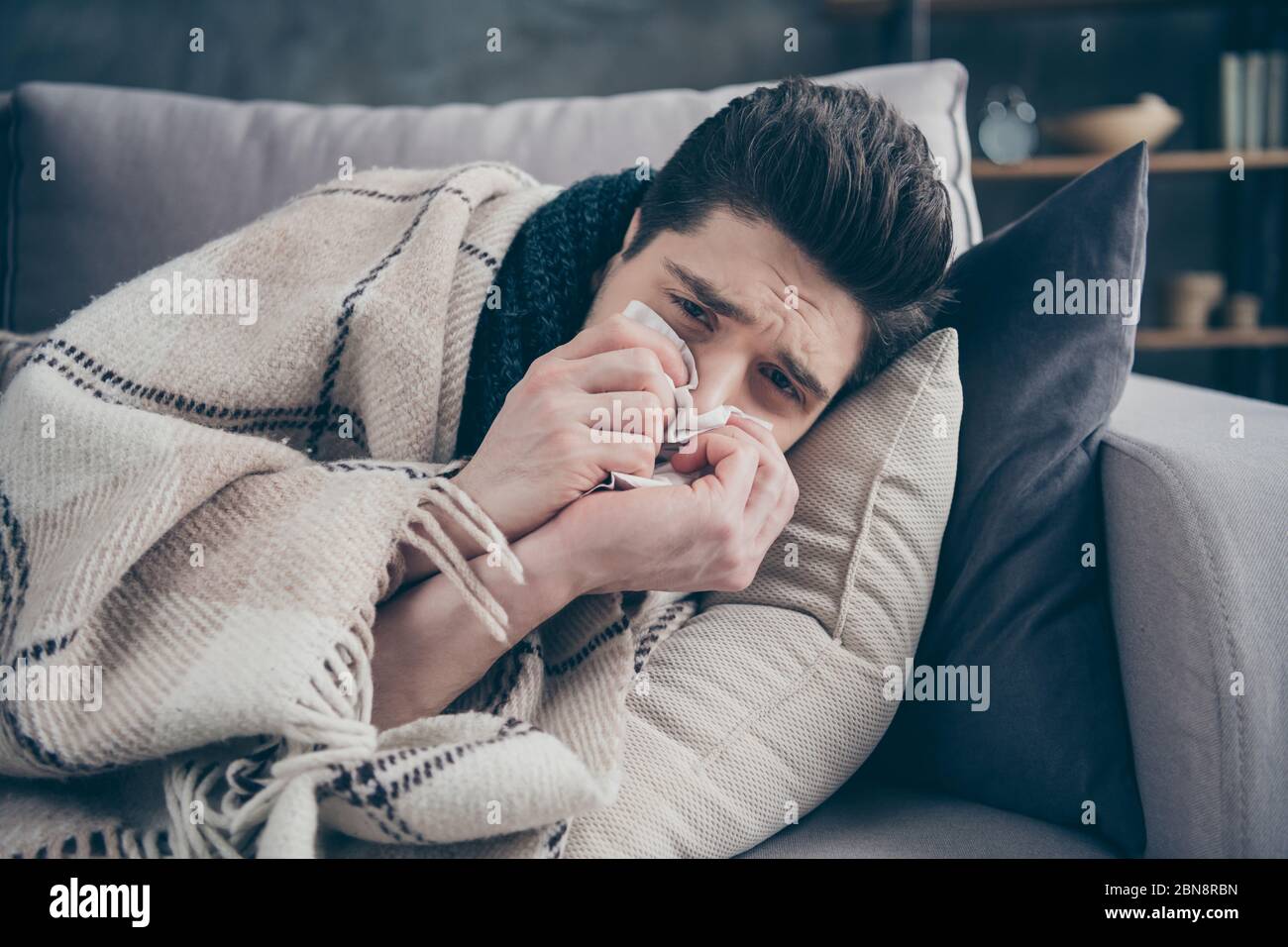 Close-up portrait of his he nice attractive sad ill guy suffering ...