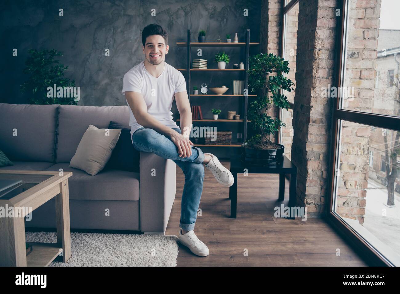 Full length body size of his he nice attractive cheerful cheery content ...