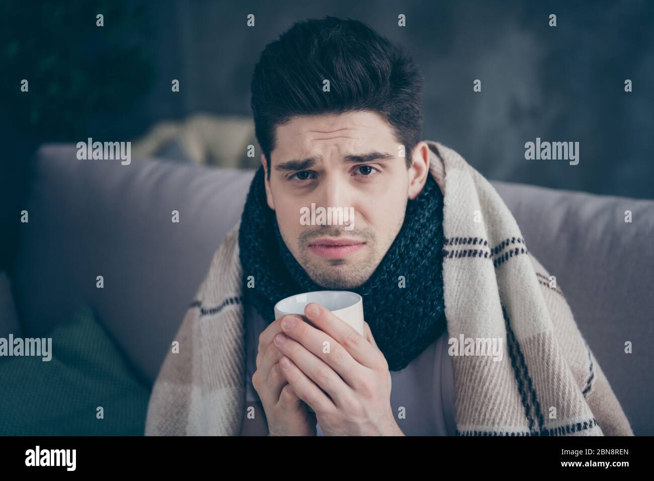 Close-up portrait of his he nice attractive sad sick guy crying ...