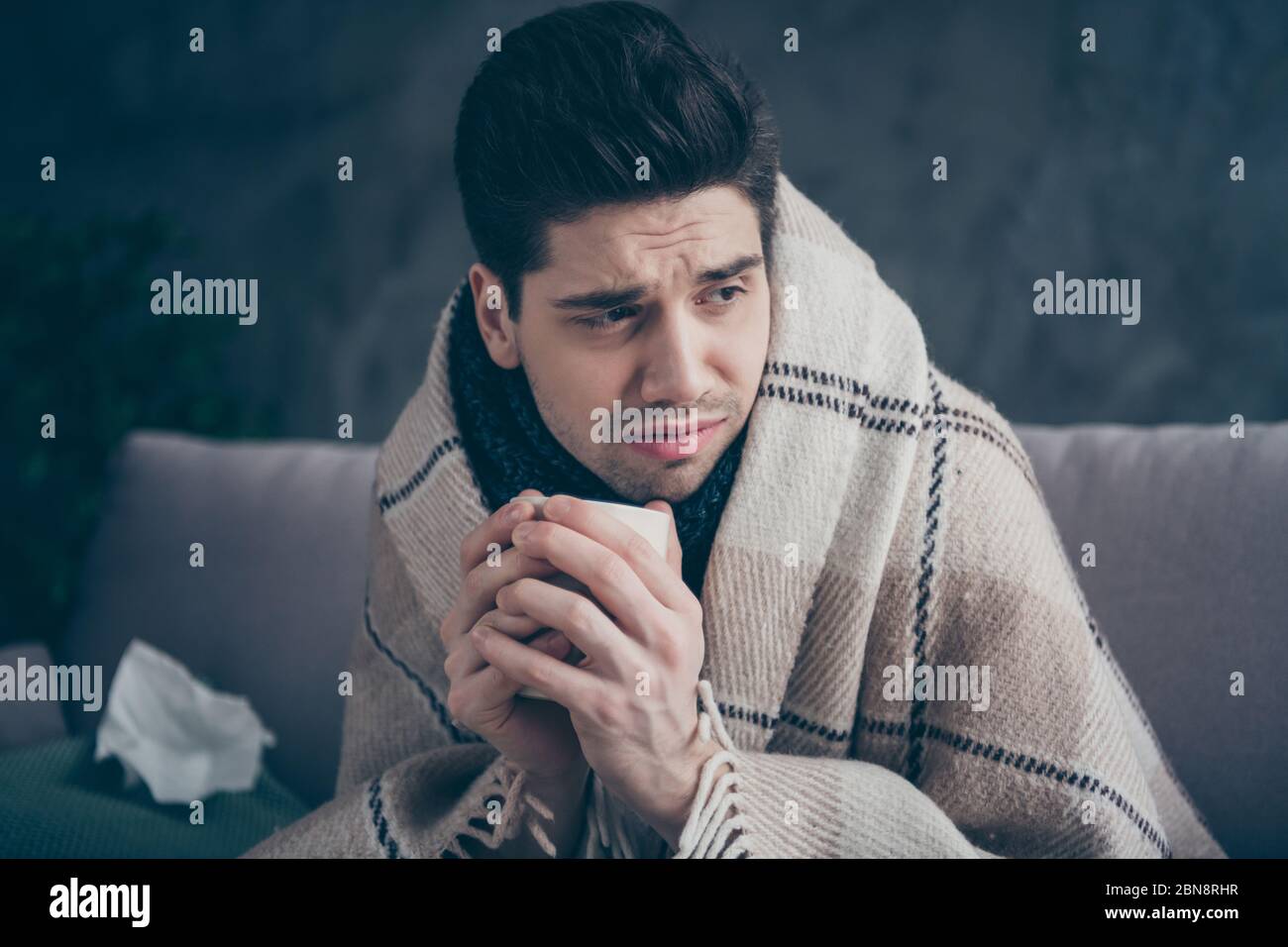 Close-up portrait of his he nice attractive sad sick miserable guy ...