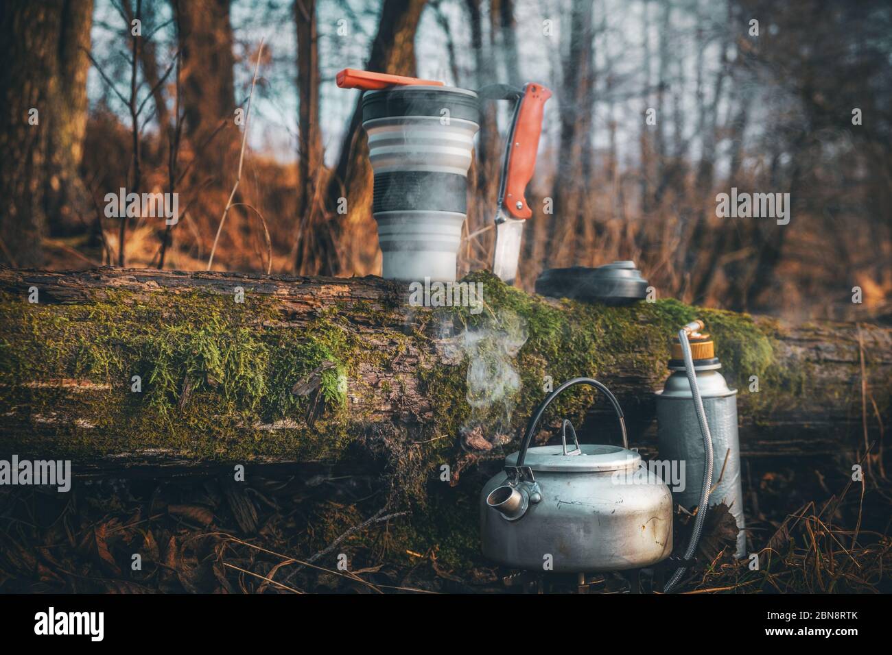 Cooking while hiking. Food at the tourist camp Stock Photo - Alamy