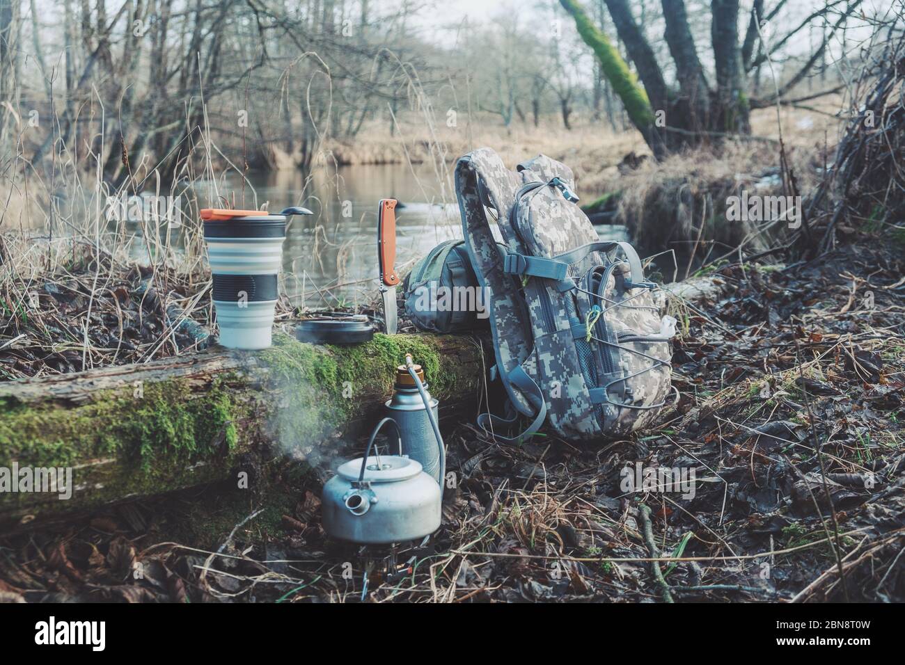Cooking while hiking. Food at the tourist camp Stock Photo - Alamy